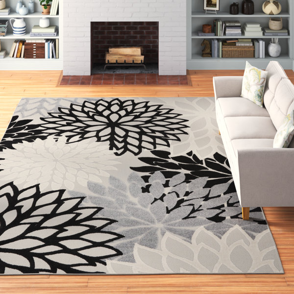 Lark Manor Tapis intérieur / extérieur noir / gris / blanc à motif floral Arnelle et ...